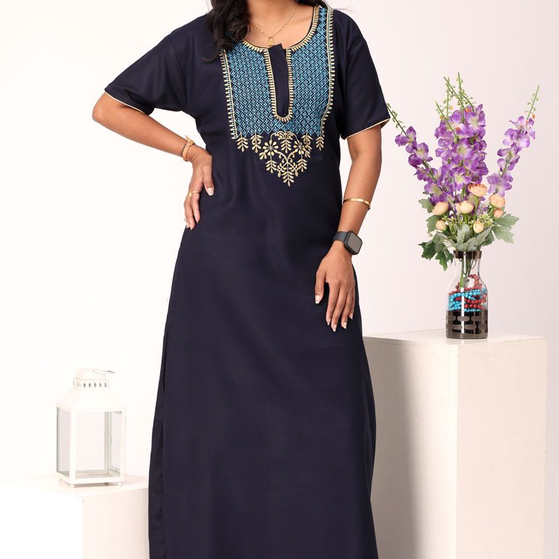 Navy Blue Embroidery Alpine Fabric - Beauty Nighties